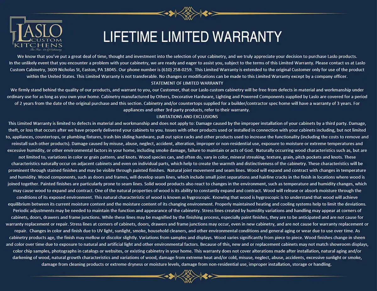 Kitchen Cabinetry Warranty by Laslo Custom Kitchens